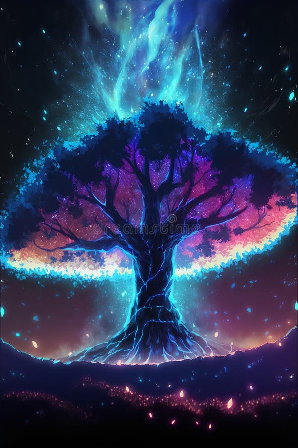 Magic Tree in the Night Sky with Stars and Nebula. Vector Illustration ...