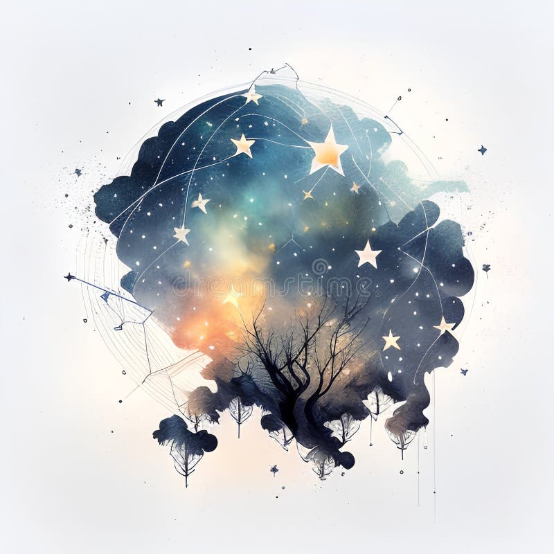 Magic Tree in the Night Sky with Stars and Nebula. Vector Illustration ...
