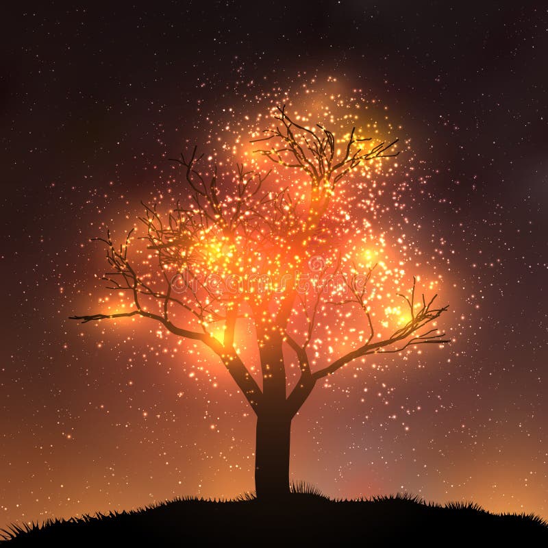 Magic Tree Illustration. Tree Silhouette on Hill with Shiny Stars ...