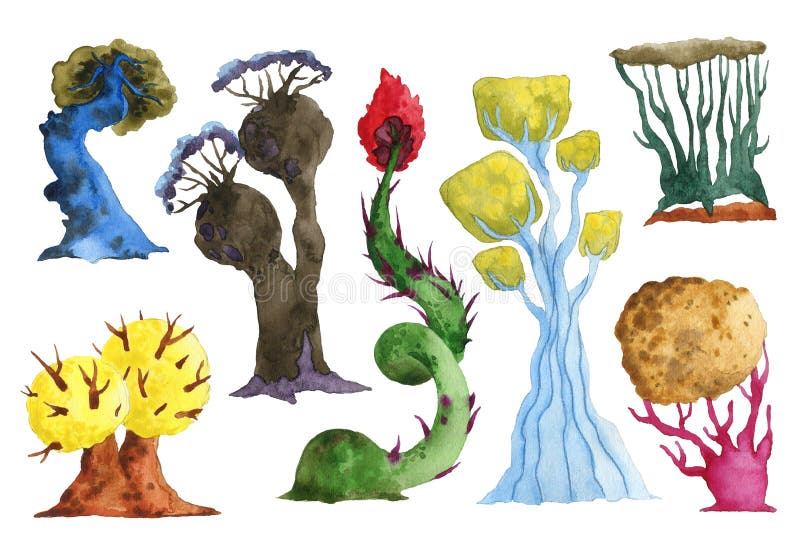 Magic Trees Set. Fantasy Forest Design Elements Collection Stock Image ...