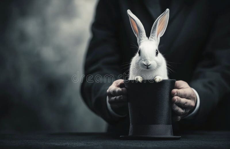 Magic Trick Featuring a White Rabbit Emerging from a Black Top Hat in a ...