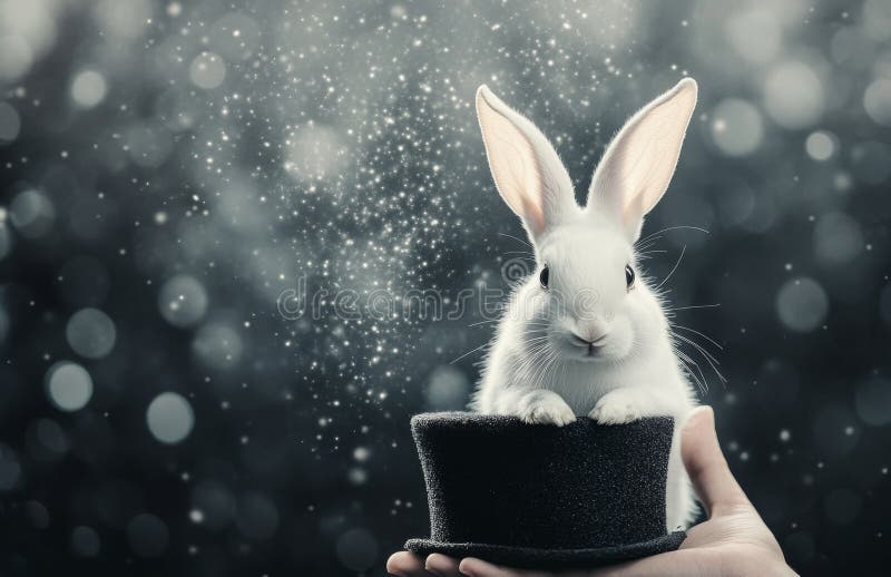 Magic Trick Featuring a White Rabbit Emerging from a Black Top Hat in a ...