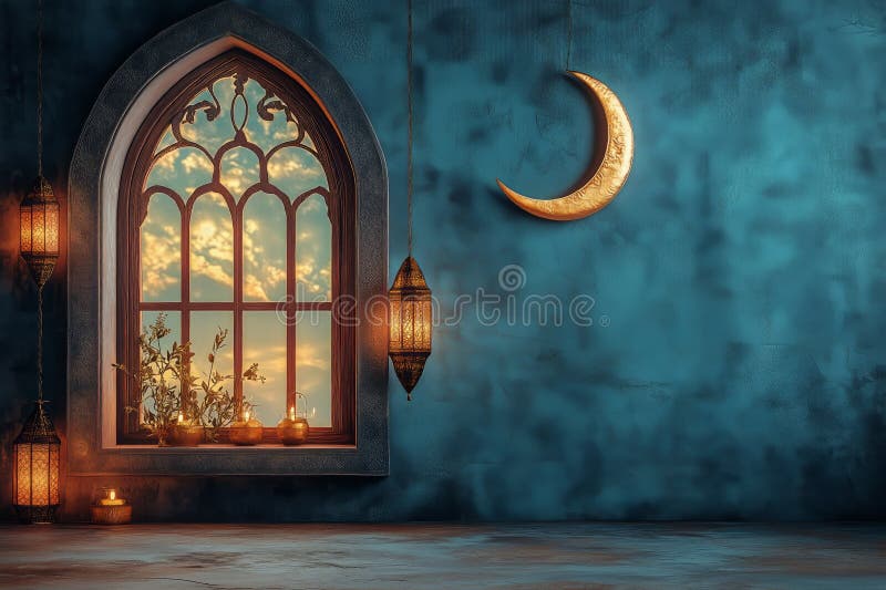 Magic of Twilight in a Mystical Setting with Lanterns and Crescent Moon ...