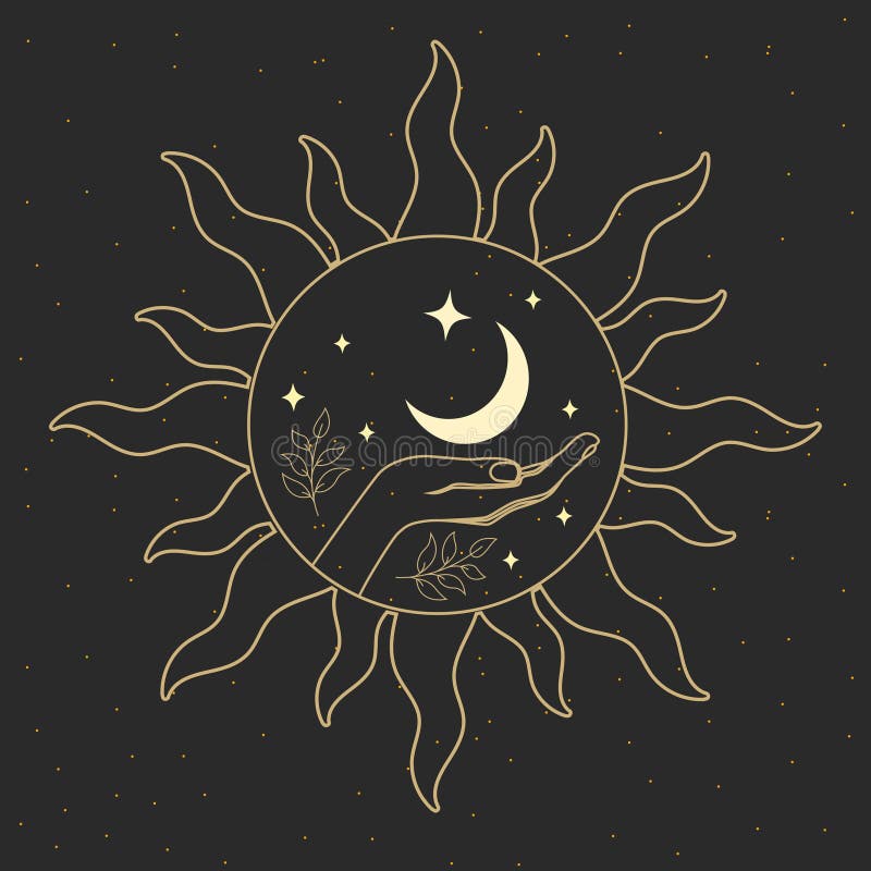 Boho Celestial Magic Art with Woman Hands, Moon, Sun, Stars, Planets ...