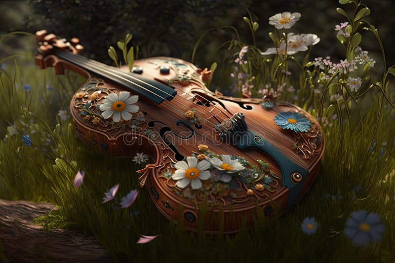 Magic violin on the meadow stock illustration. Illustration of cello ...