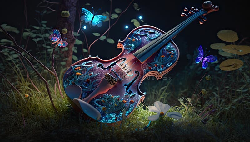 Magic violin on the meadow stock illustration. Illustration of music ...