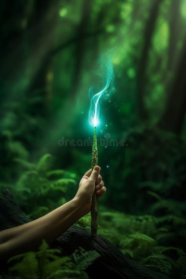 Magic Wand with Blue Glow in Green Forest Stock Illustration ...