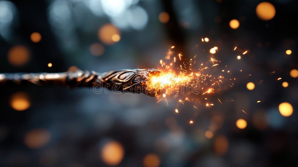Magic Wand Casting Spell with Enchanting Sparks in Mystical Forest ...