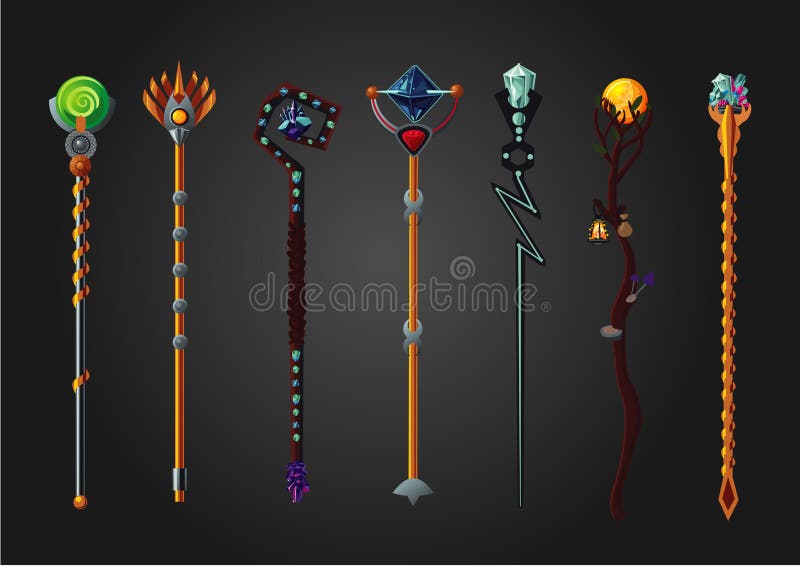 Magic Wand Set. Fantasy Staff Collection. Cartoon Style, Game Design ... Magic Wand Set. Fantasy Staff Collection. Cartoon Style, Game Design ...