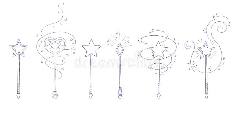 Magic Wands Doodle Set. Fairytale Element in Sketch Style Stock ...