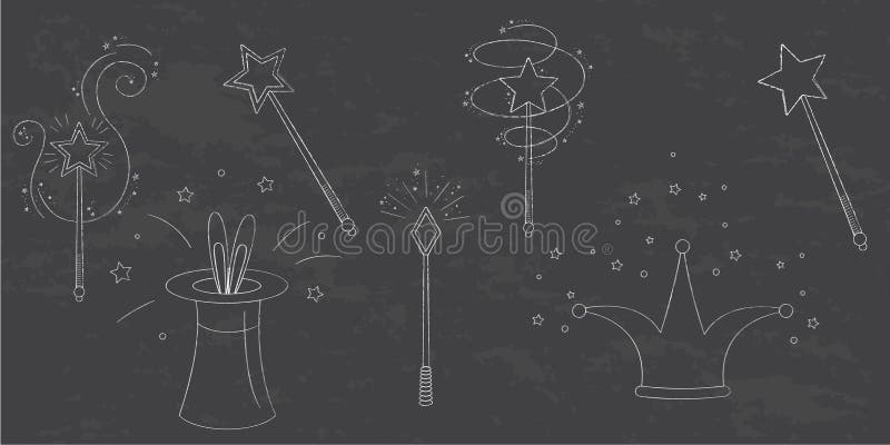 Magic Wands and Elements Chalk Doodle Set. Fairytale Element in Sketch ...