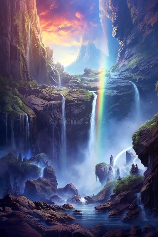 Magic Waterfall and Rainbow Mountains and Sunset Stock Illustration ...