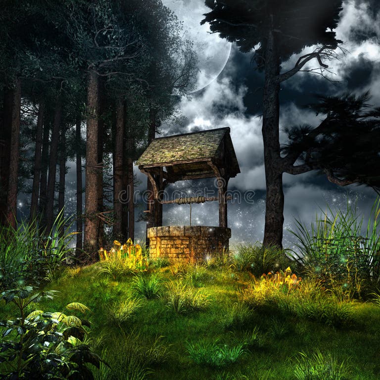 Magic well in the forest stock illustration. Illustration of night ...