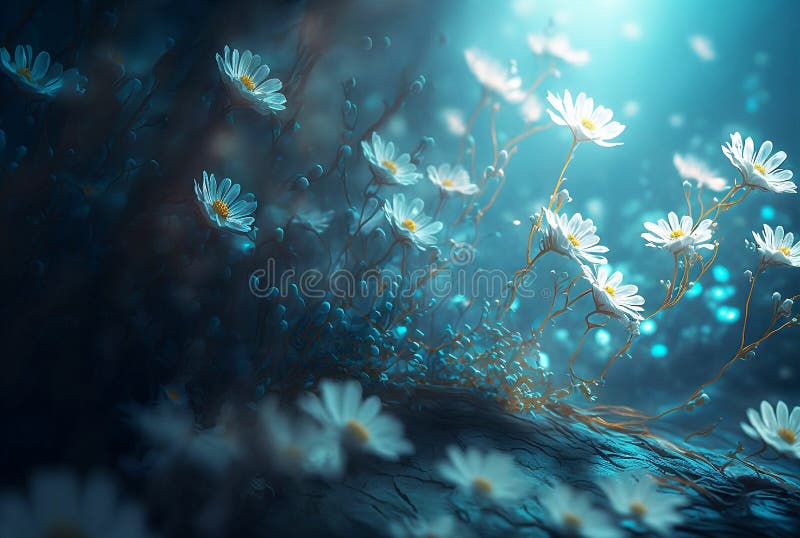 Magic White Chamomile Flowers at Blue Night Stock Illustration ...
