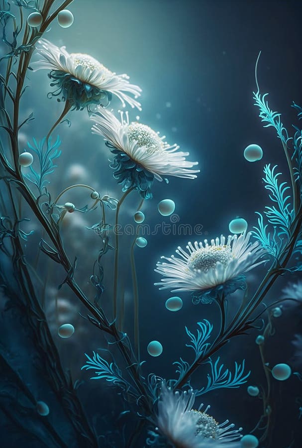 Magic White Chamomile Flowers at Blue Night Stock Illustration ...