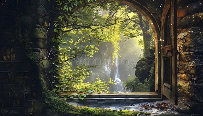 Magic window in forest stock illustration. Illustration of misty ...