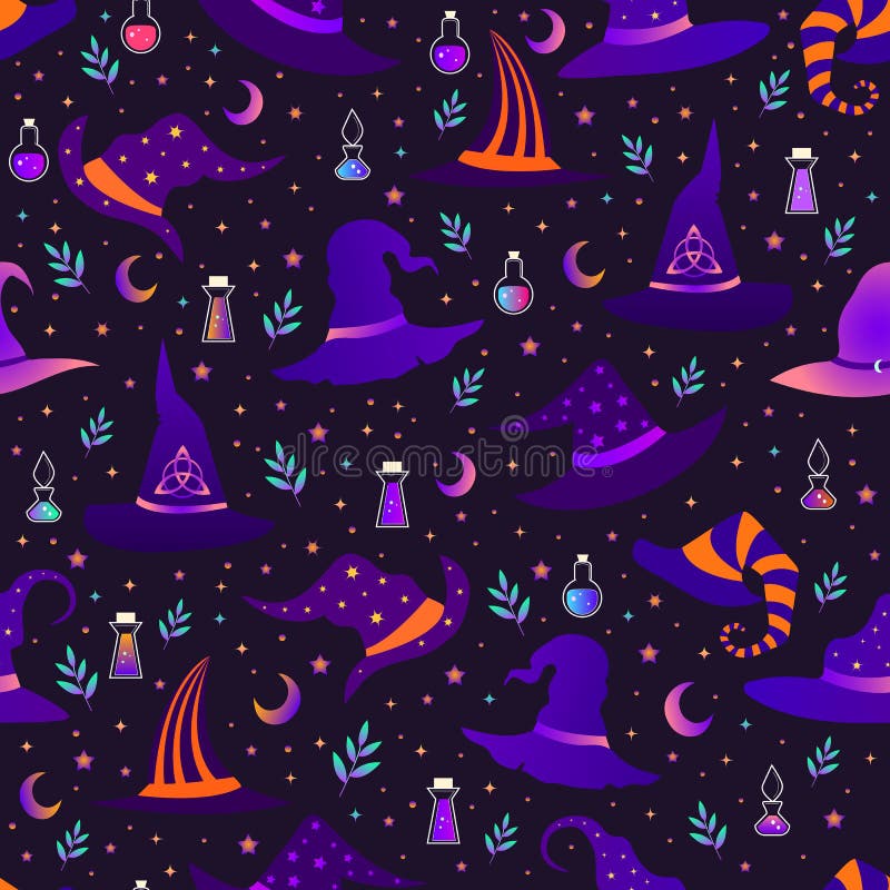 Magic Witch Hats, Each with a Unique Pattern, Magic Potion Bottles ...