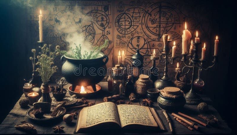 Magical Alchemy Table with Potions and Candles Stock Illustration ...