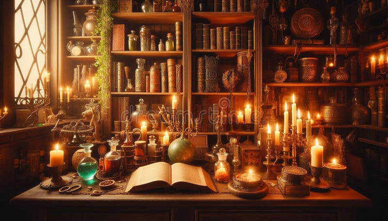 Magical Alchemy Table in Vintage Library Setting Stock Illustration ...