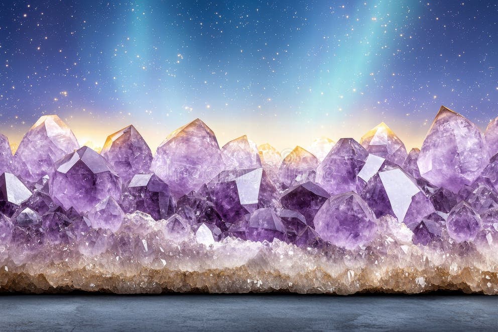 Magical Amethyst Crystal Landscape Under Starry Sky Stock Illustration ...