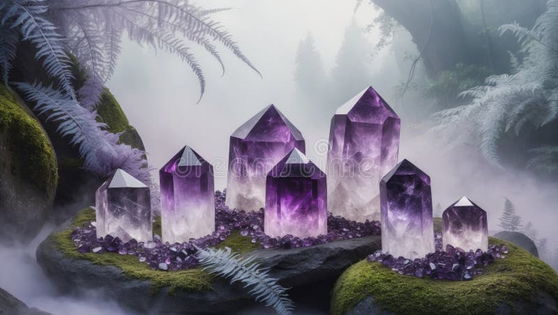 Magical Amethyst Crystals in Mystical Landscape. Stock Photo - Image of ...