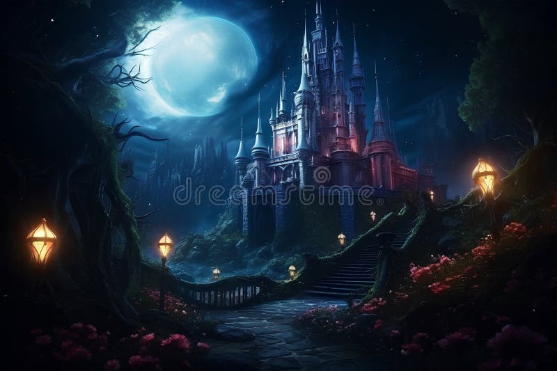 Magical Ancient Castle in Night Time Full Moon Stock Illustration ...