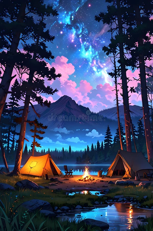 Magical Anime Forest Camping by a Lake Stock Illustration ...