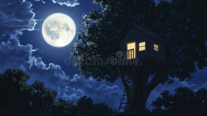A Magical Anime Treehouse Glowing in the Moonlight. Stock Illustration ...