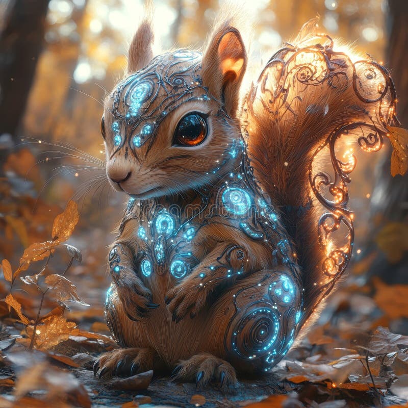 A Magical, Anthropomorphized Squirrel with Glowing Blue Orbs Stands in ...