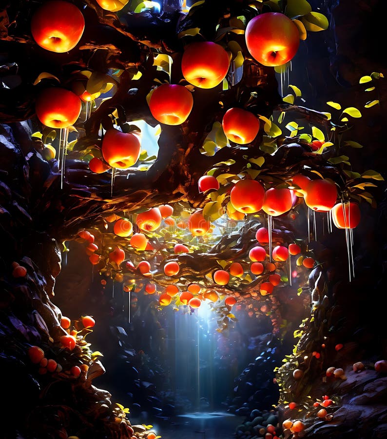 A Magical Apple Tree Growing Inside of a Cavern, Illustration Stock ...