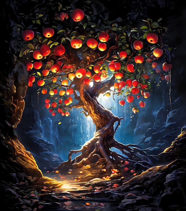 A Magical Apple Tree Growing Inside of a Cavern, Illustration Stock ...