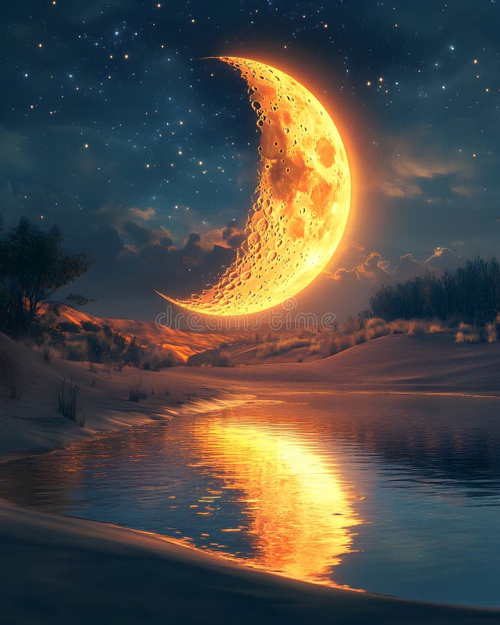 Generative AI. Glowing Crescent Moon Illuminating Oasis in the Desert ...