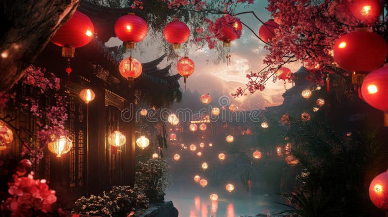 Magical Asian Night Scene with Glowing Lanterns and Cherry Blossoms ...