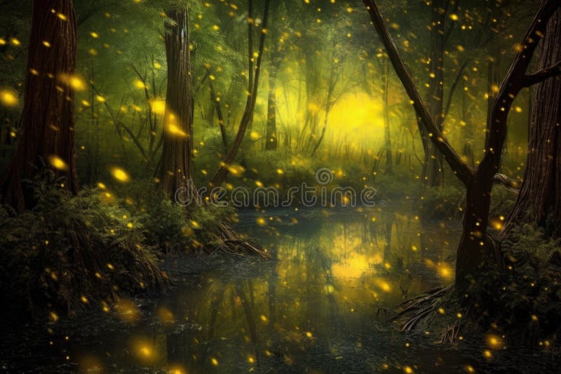 Magical Atmosphere of a Swamp Illuminated by Fireflies Stock ...