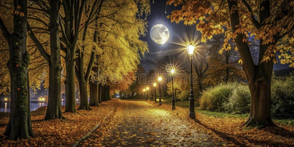 A Magical Autumn Evening Stroll Enchanted Night Pathway Under a Starry Sky Featuring Vibrant ...
