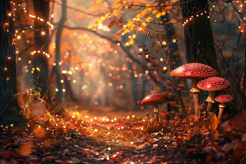 Magical Autumn Forest with Enchanted Mushrooms Background Stock ...
