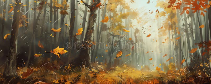 Magical Autumn Forest Path with Falling Leaves, Illustration of a ...