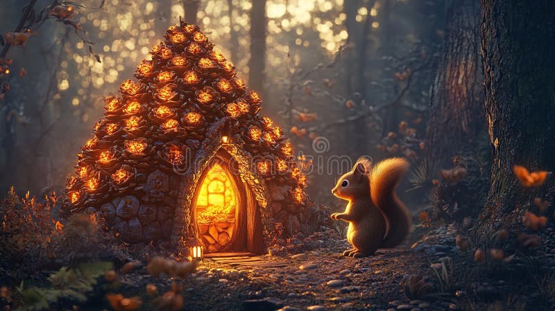 Magical Autumn Forest Scene with a Squirrel Outside a Glowing Pinecone ...