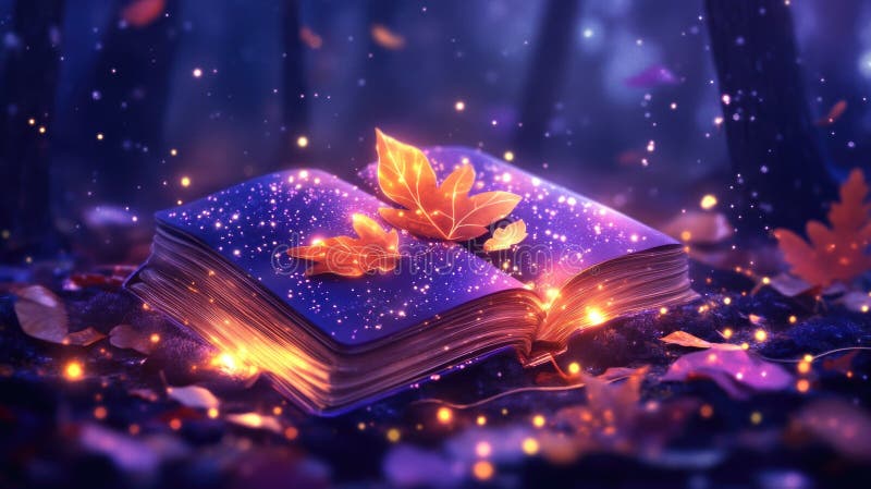 Magical Autumn Leaves and Glowing Book in Enchanted Forest at Night ...