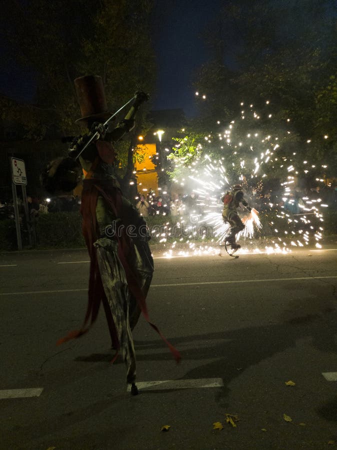 Magical Autumn Parade Hervas Fireworks Man with Stilts Editorial Stock ...