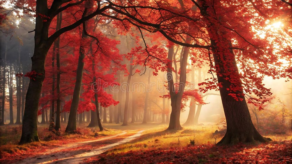 A Magical Autumn Path through a Forest of Vibrant Red Trees Stock ...