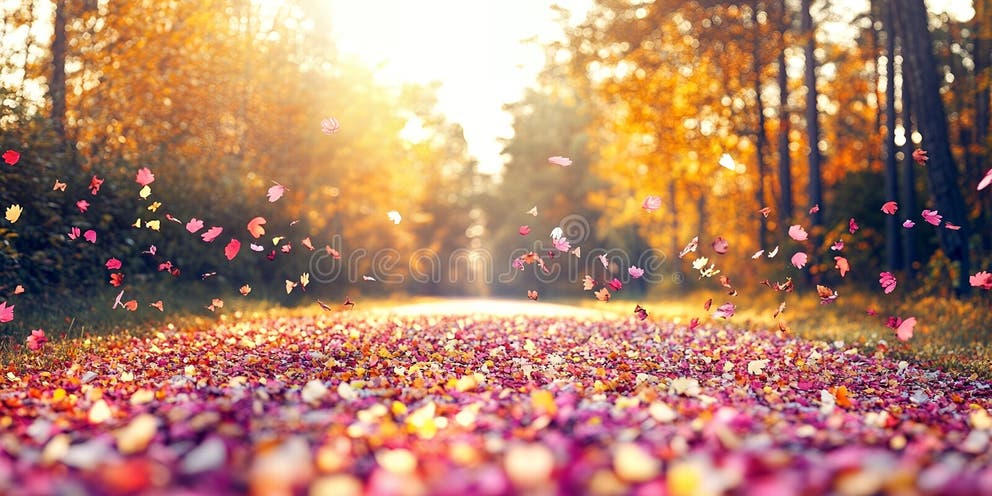 Magical Autumn Scene Falling Leaves on a Path in a Sunlit Forest Stock ...
