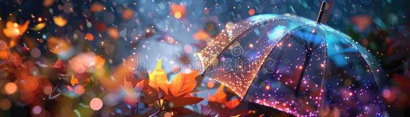 Magical Autumn Scene with a Sparkling Umbrella and Falling Leaves. AI ...