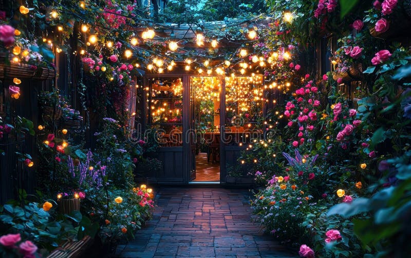 Enchanted Garden Path with Twinkling Lights Pink Flowers and Lush ...