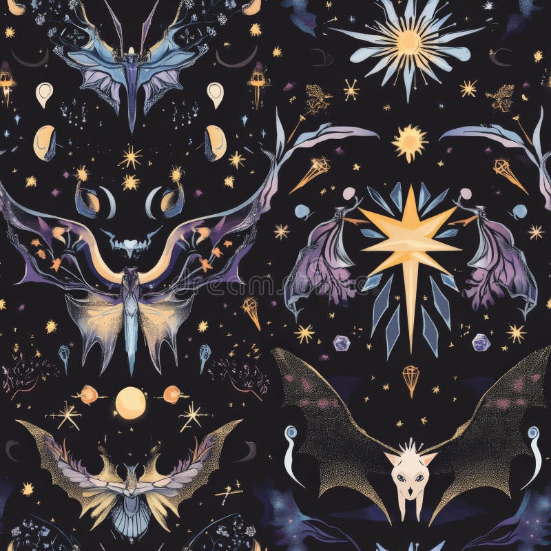 A Magical Bat and Crystal Pattern with Mystical Symbols and Celestial ...