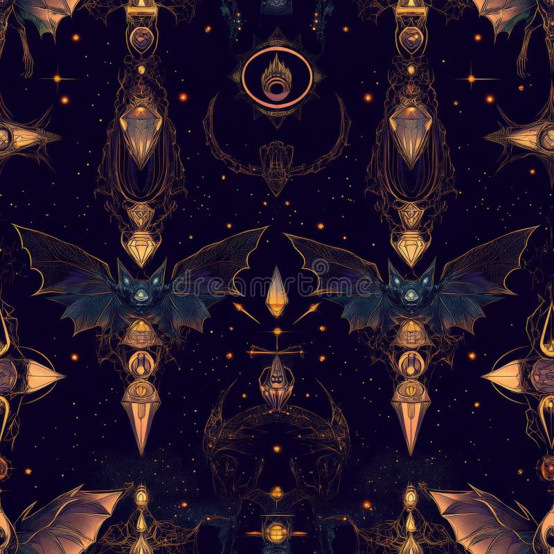A Magical Bat and Crystal Pattern with Mystical Symbols and Celestial ...