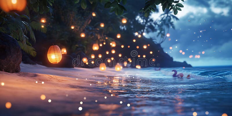 Magical Beach Scene Glowing Lanterns at Night Stock Illustration ...