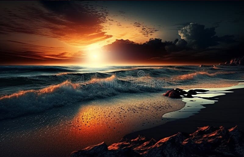 Magical beach at sunset stock illustration. Illustration of ocean ...