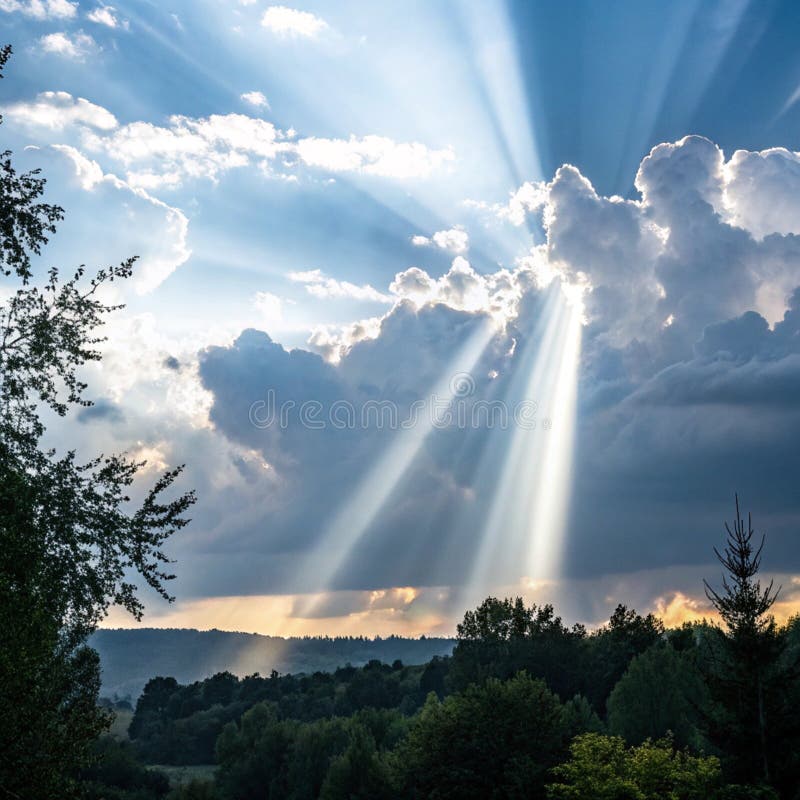 Magic Solar Beams Coming Out Across Clouds Stock Illustration ...