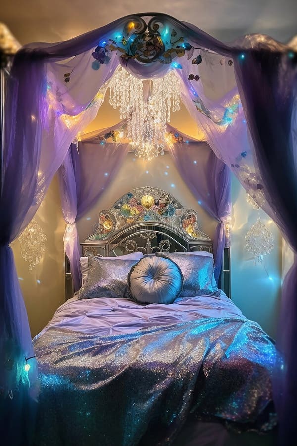 Magical Bed with Canopy in Purple Color Stock Illustration ...